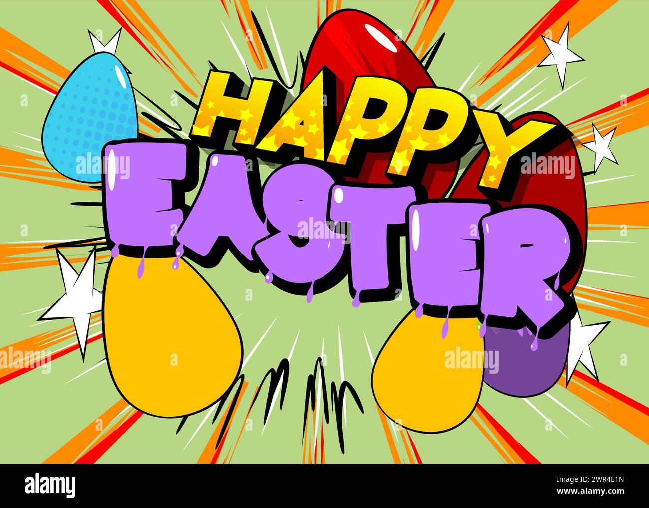 Comic book vector illustrated retro Happy Easter poster, pop art ...