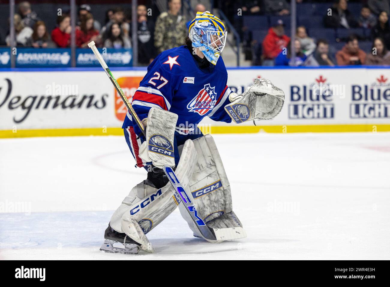 March 8th, 2024: Rochester Americans goaltender Devon Levi (27) makes a ...