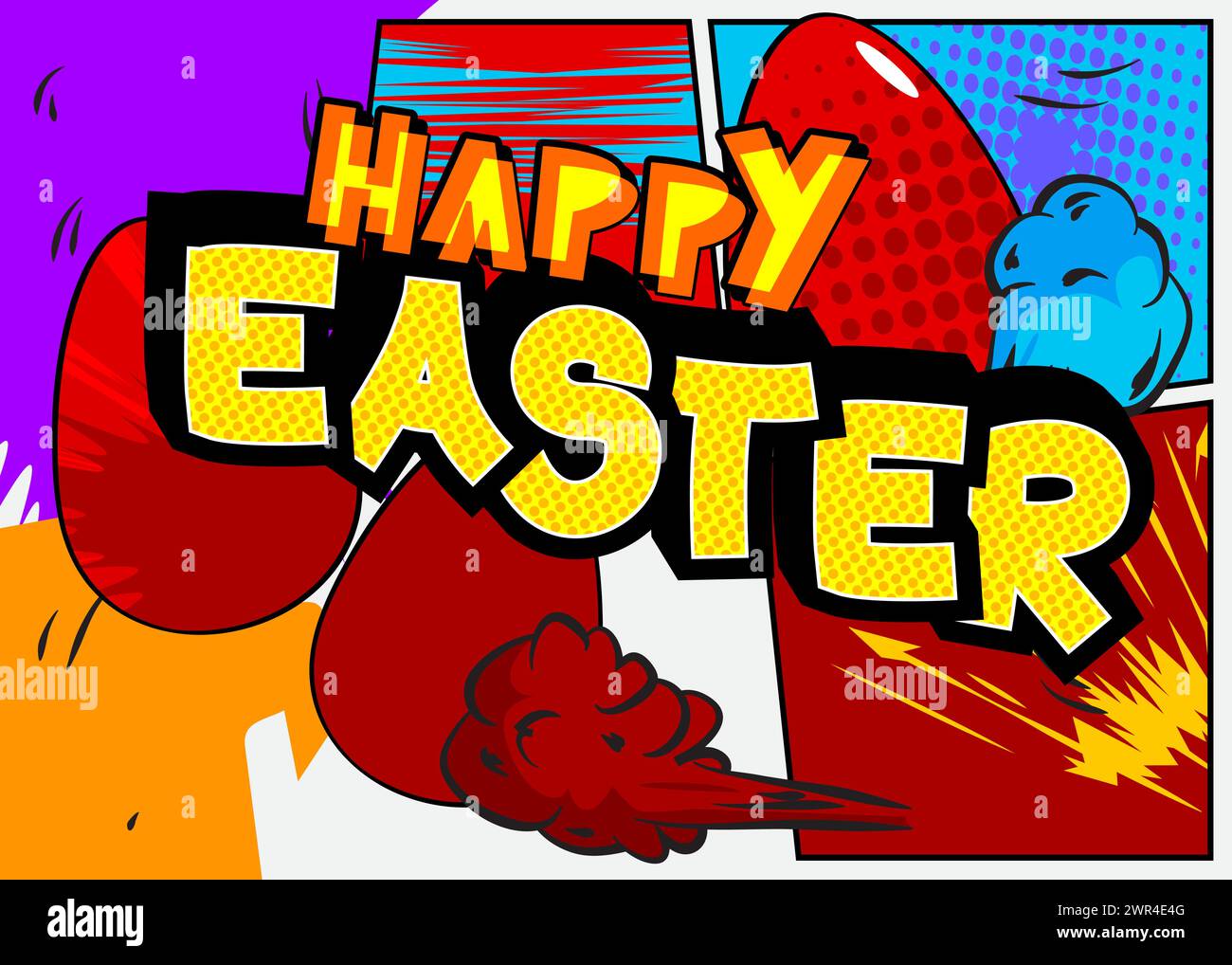 Comic book vector illustrated retro Happy Easter poster, pop art ...