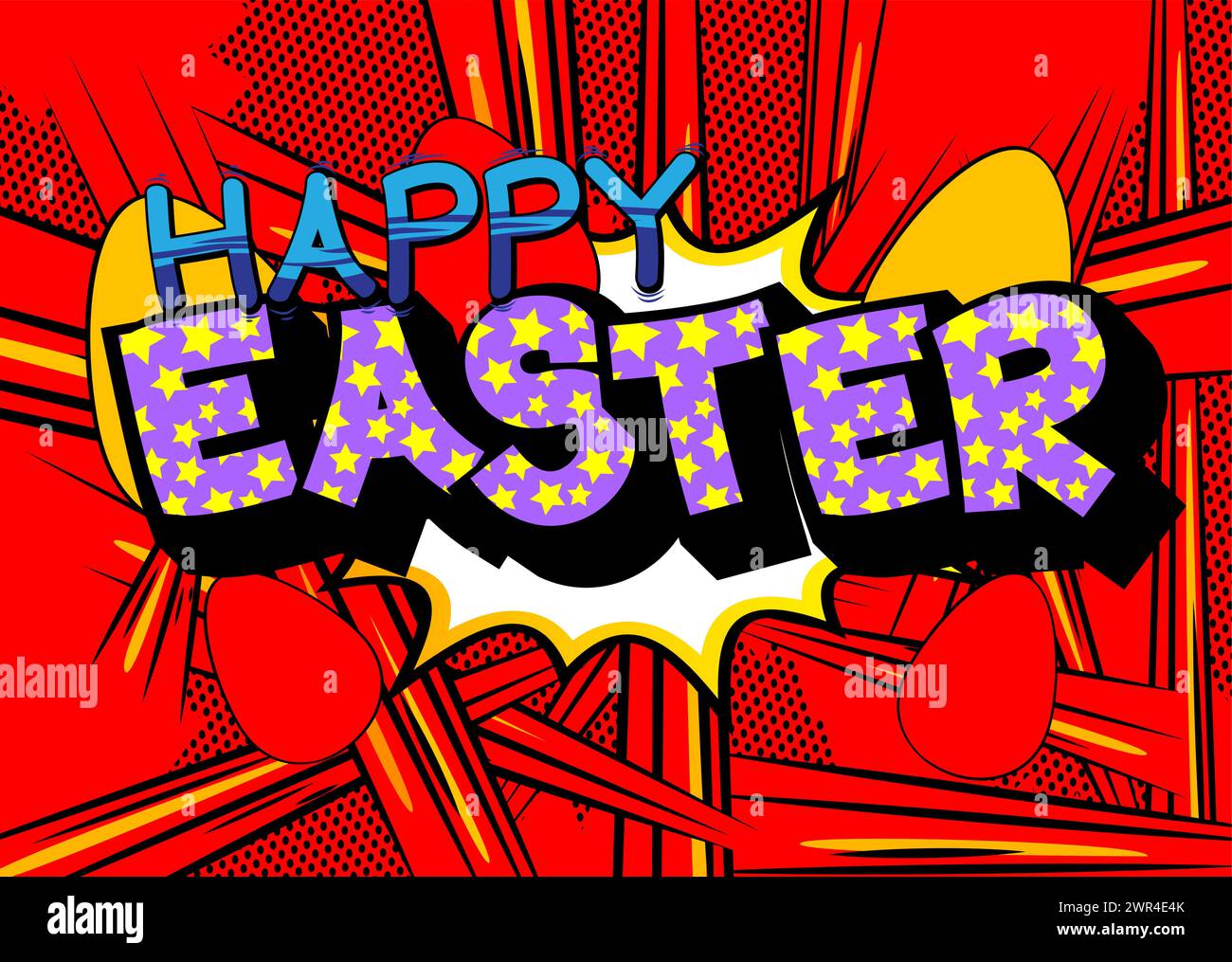 Comic book vector illustrated retro Happy Easter poster, pop art ...