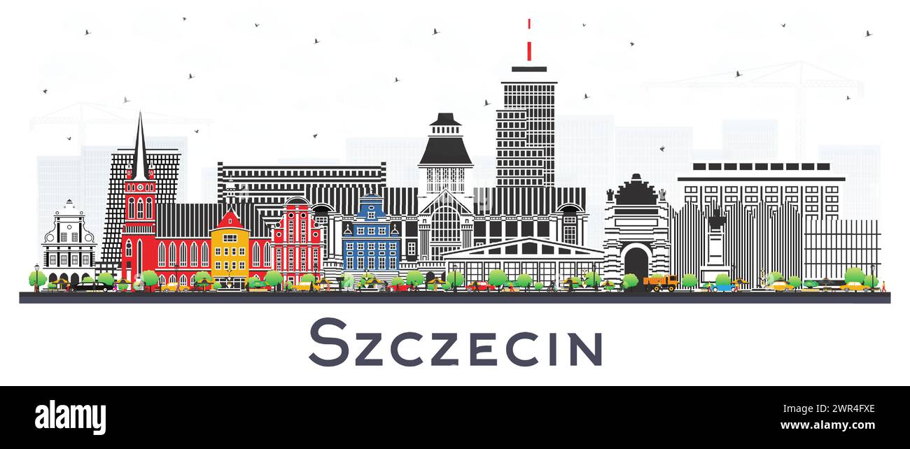 Szczecin Poland city skyline with color buildings isolated on white ...