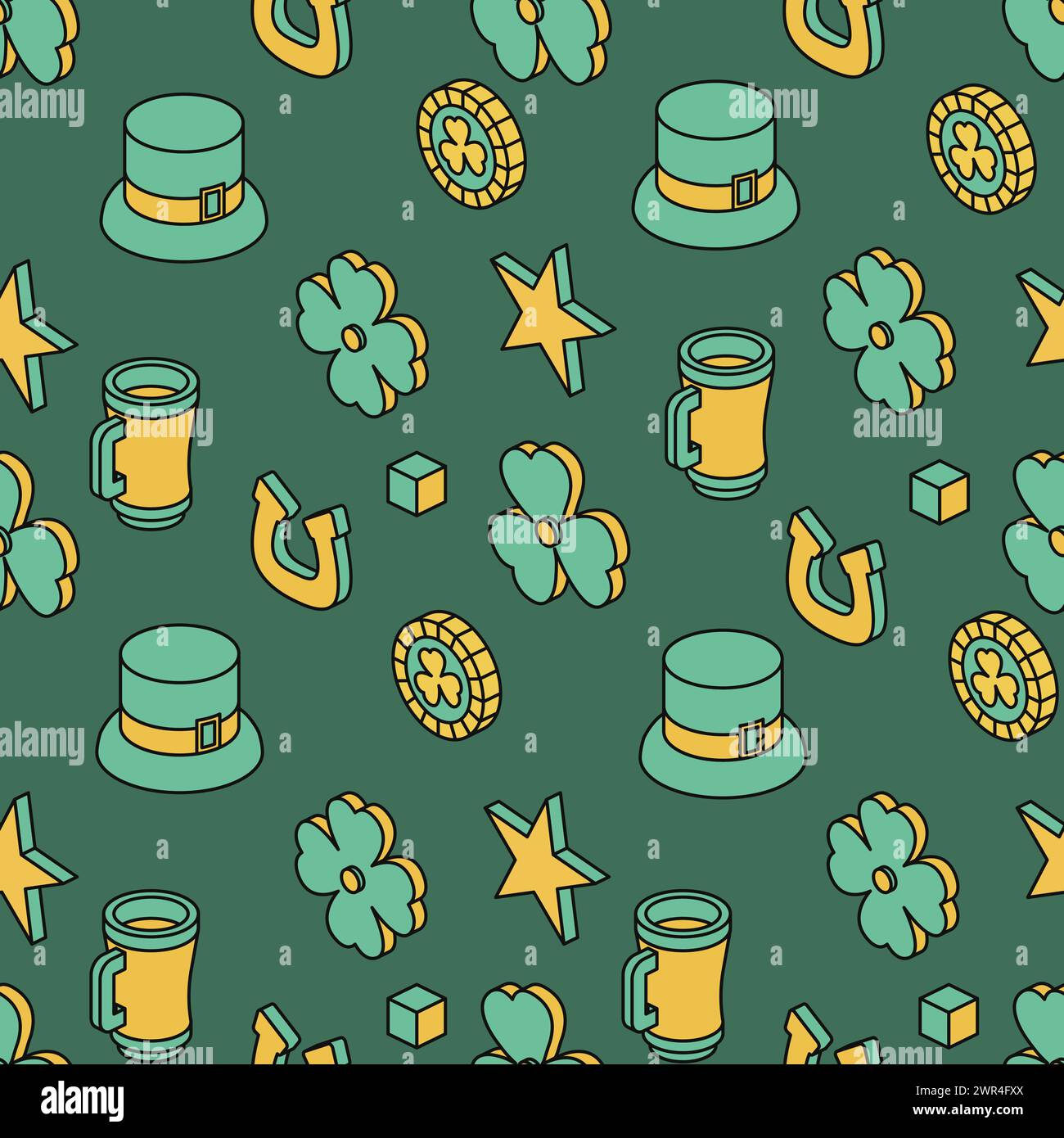 Festive colorful background for St Patrick's Day. Isometric seamless pattern. Vector ...
