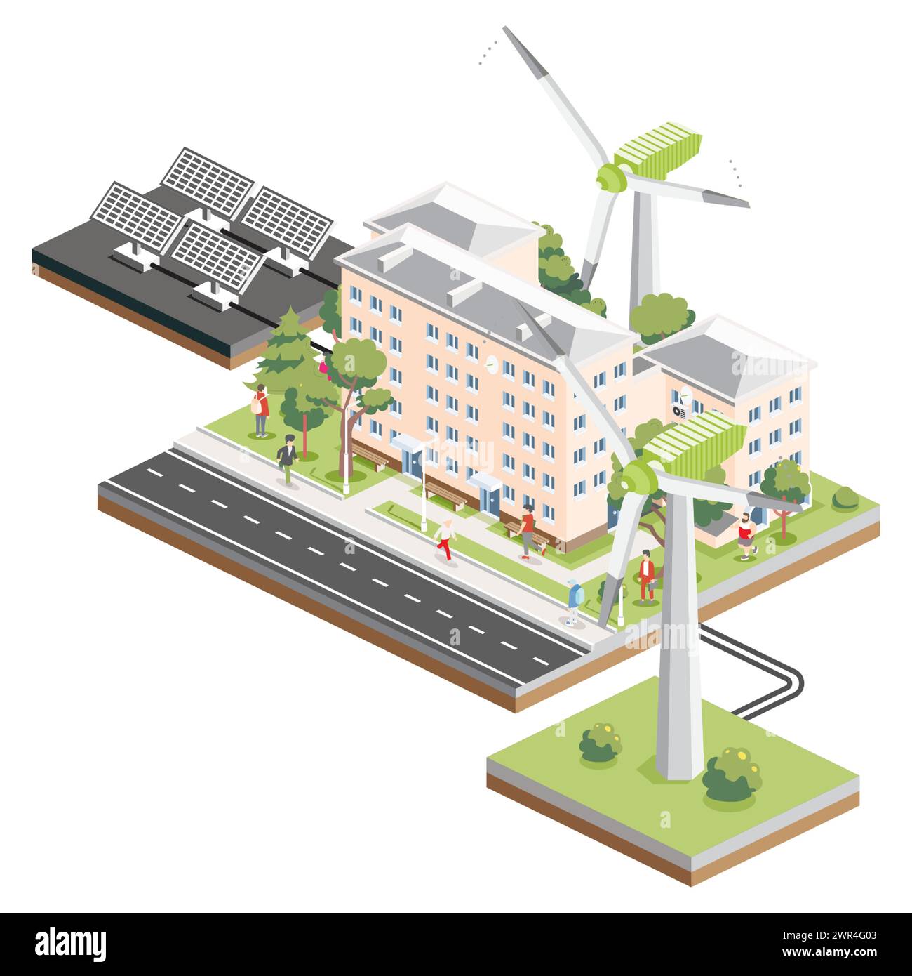 Isometric residential five storey building with solar panels and wind ...