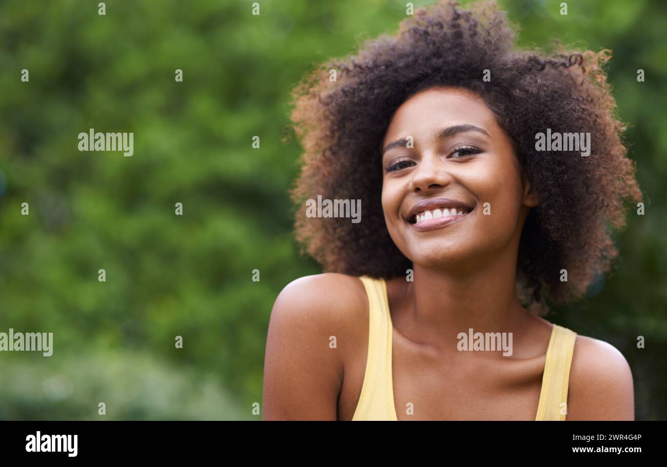 Happy, confident and portrait of black woman in nature for wellness ...