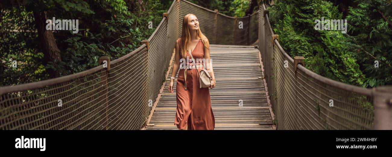 Woman tourist in Rope bridge in Yildiz Park. Besiktas, Istanbul, Turkey ...