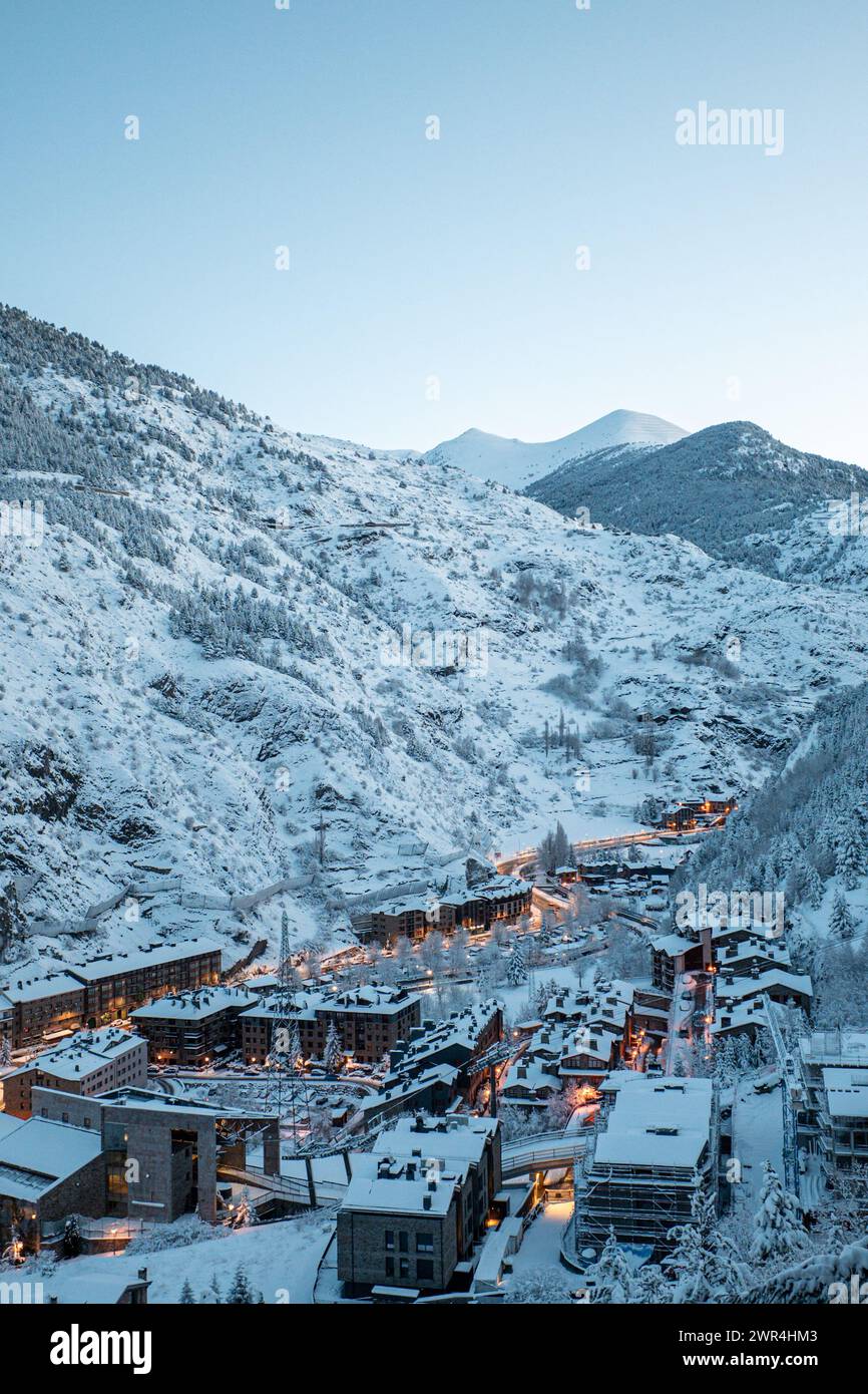 Cityscape of the tourist town of Canillo in Andorra after a heavy ...