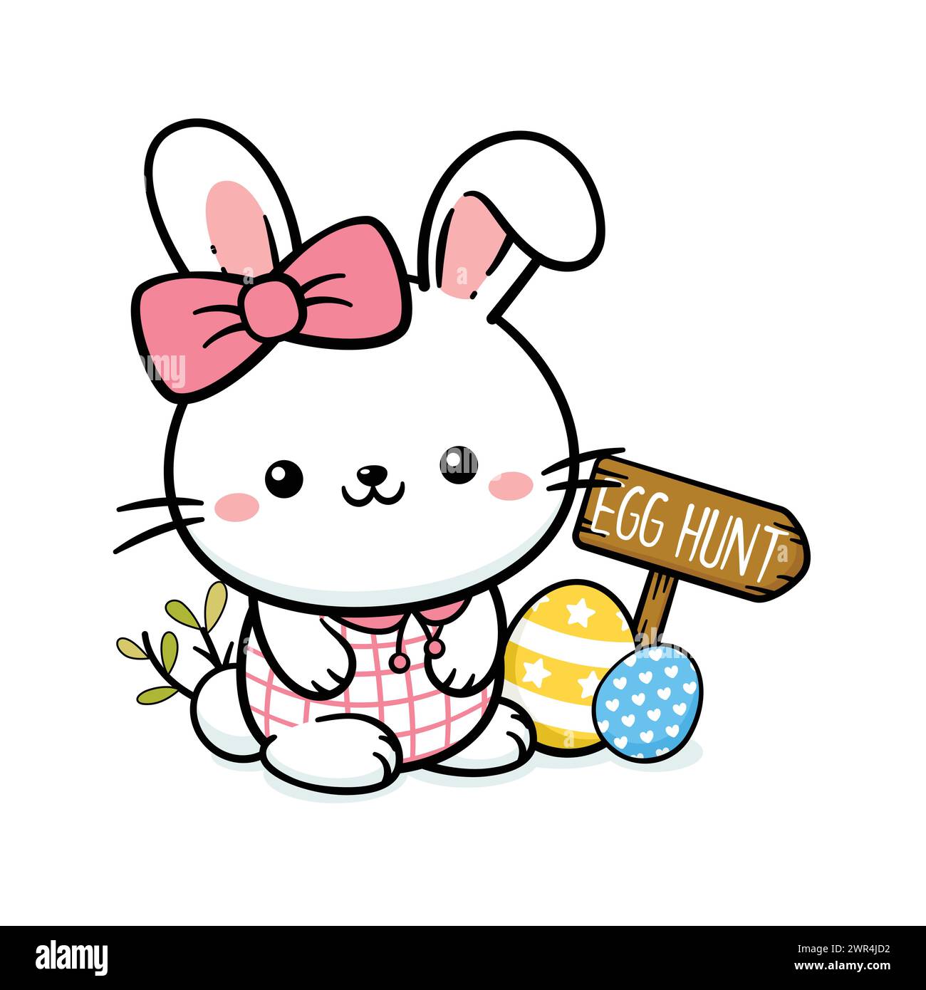 Cute White Baby Easter Bunny Rabbit With An Egg And A Sign Stock Vector ...