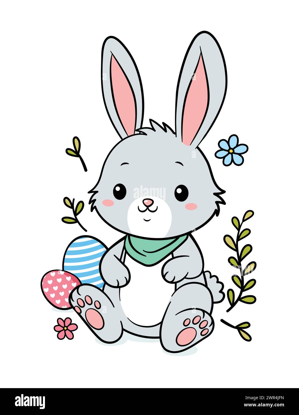 Cute Easter Bunny With Scarf And Eggs Stock Vector Image & Art - Alamy