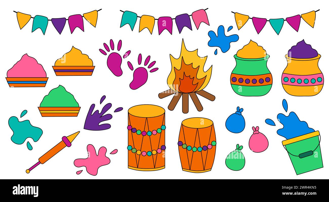 Set of Happy Holi elements. Design for celebration of Indian festival ...