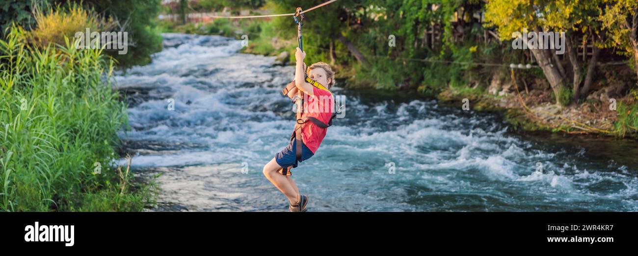 Kid Zipline, Zipline Over the River. Kid Adventure BANNER, LONG FORMAT ...