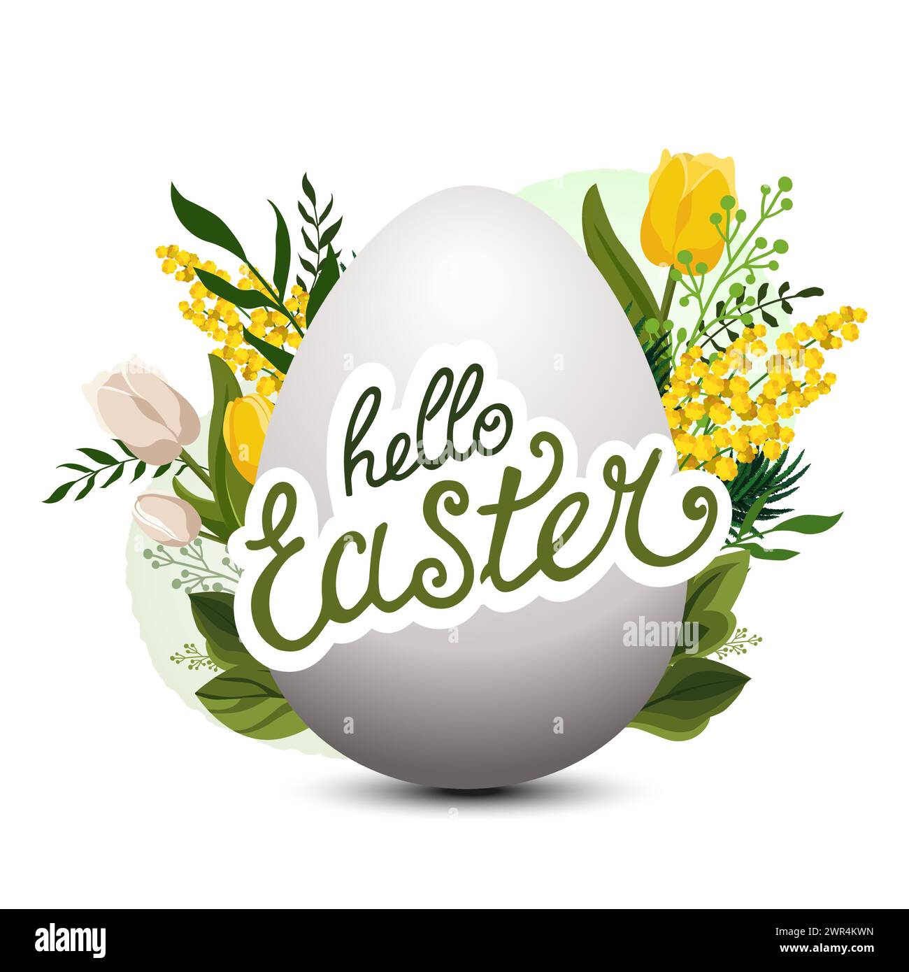 Vector white egg with text Hello Easter and with green leaves, mimosa ...