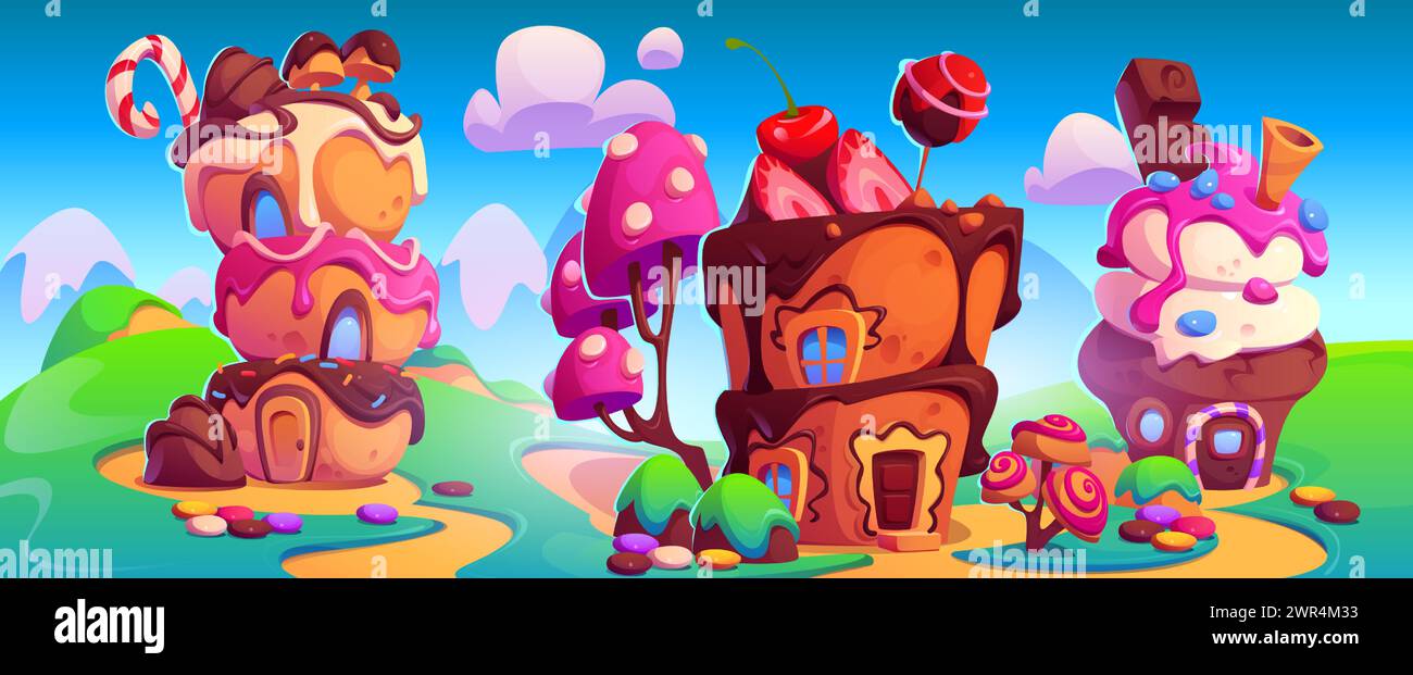 Candy land with fantasy houses made of cake and cookie, chocolate and ...