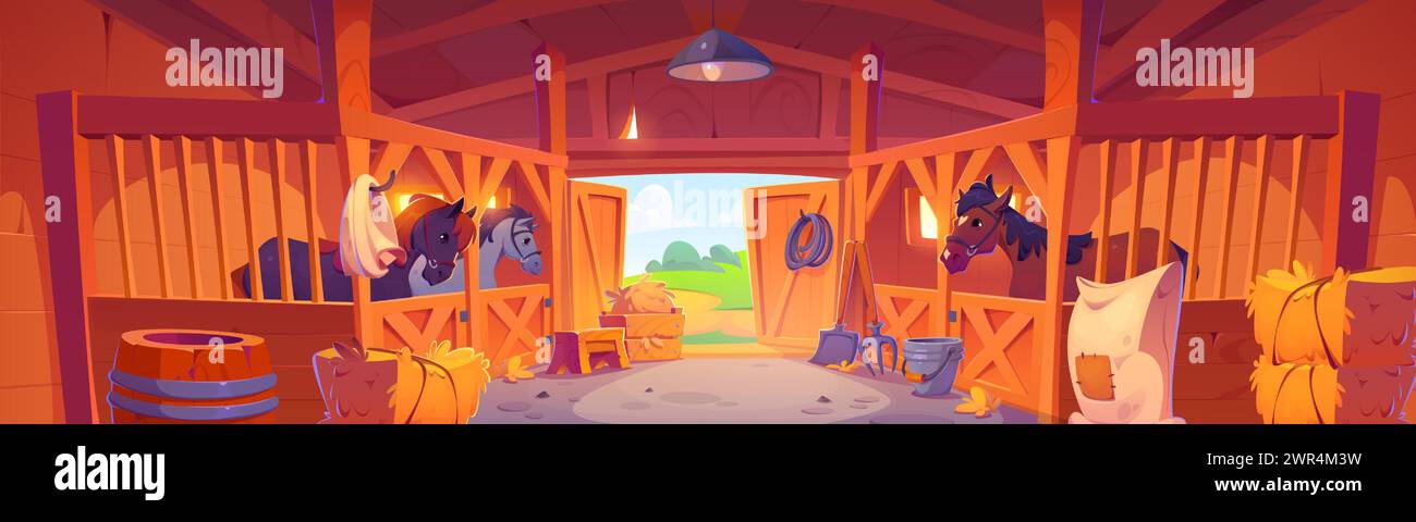 Horse stable interior design. Vector cartoon illustration of farm ...
