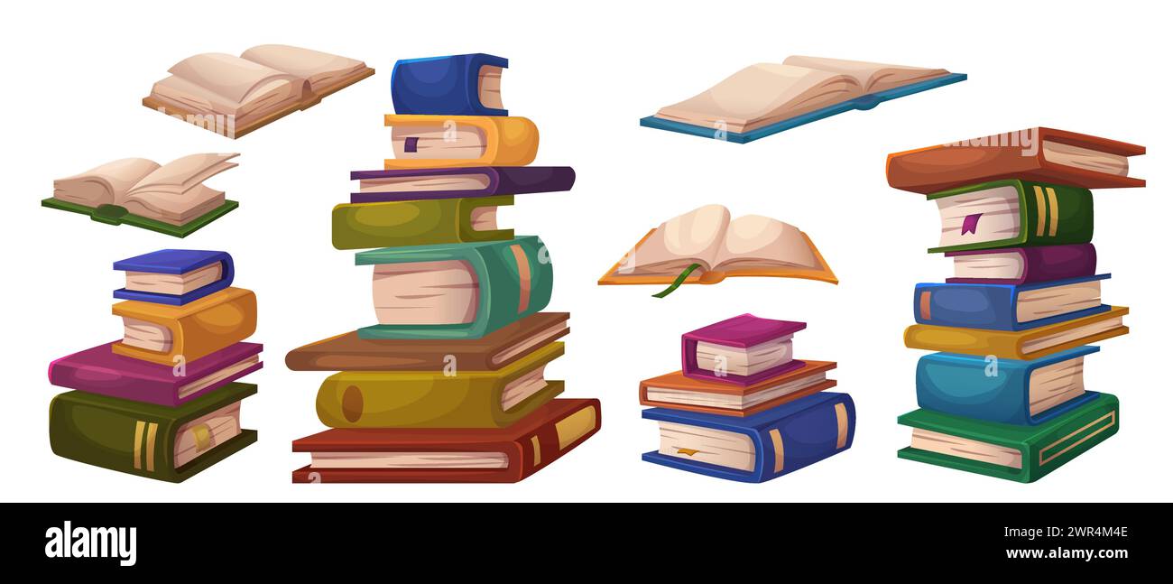 Book stack and single, closed and open in cartoon vector illustration ...