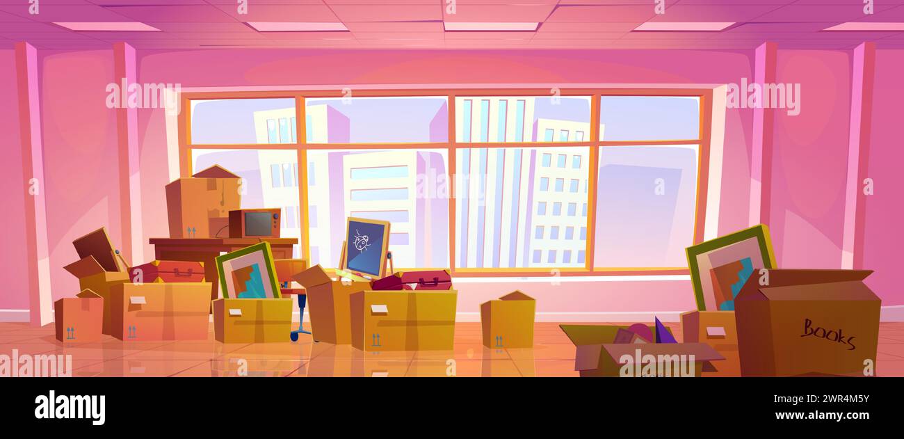 Moving to new house concept with cardboard boxes with stuff in empty ...