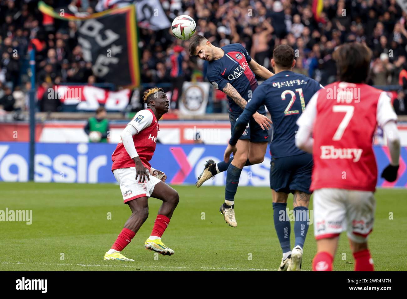Paris, France. 10th Mar, 2024. Lucas Beraldo of PSG, left Oumar Diakite ...