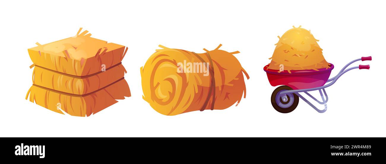 Hay stack in cube block, roll and on red wheelbarrow. Cartoon vector ...