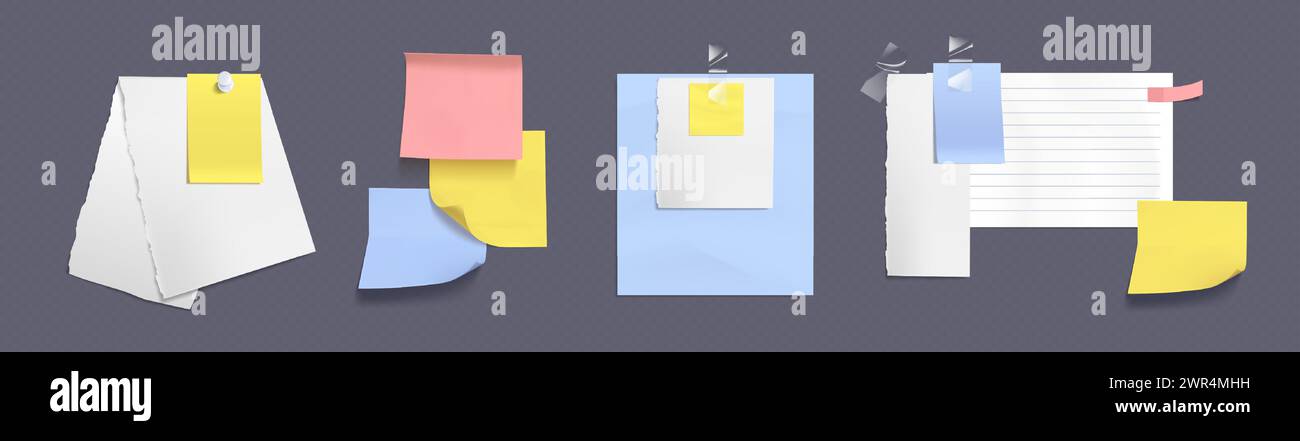 Memo note paper sheets attached with adhesive tape and pins. White and ...