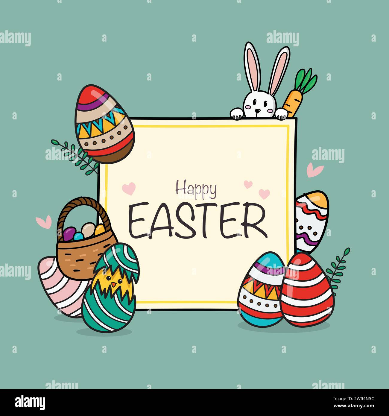 Happy Easter banner with bunny rabbit and eggs doodle style. Vector ...