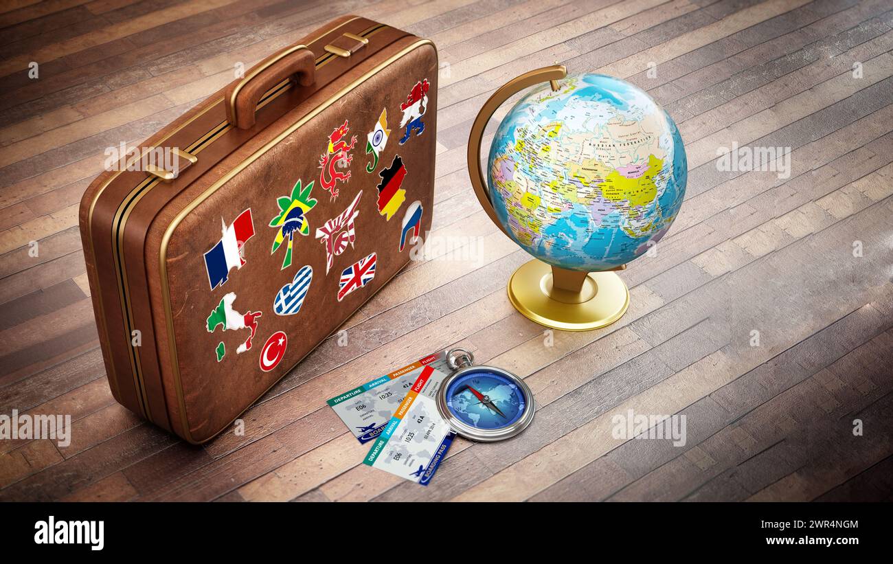 Vintage suitcase with flags of world countries, globe, compass and ...