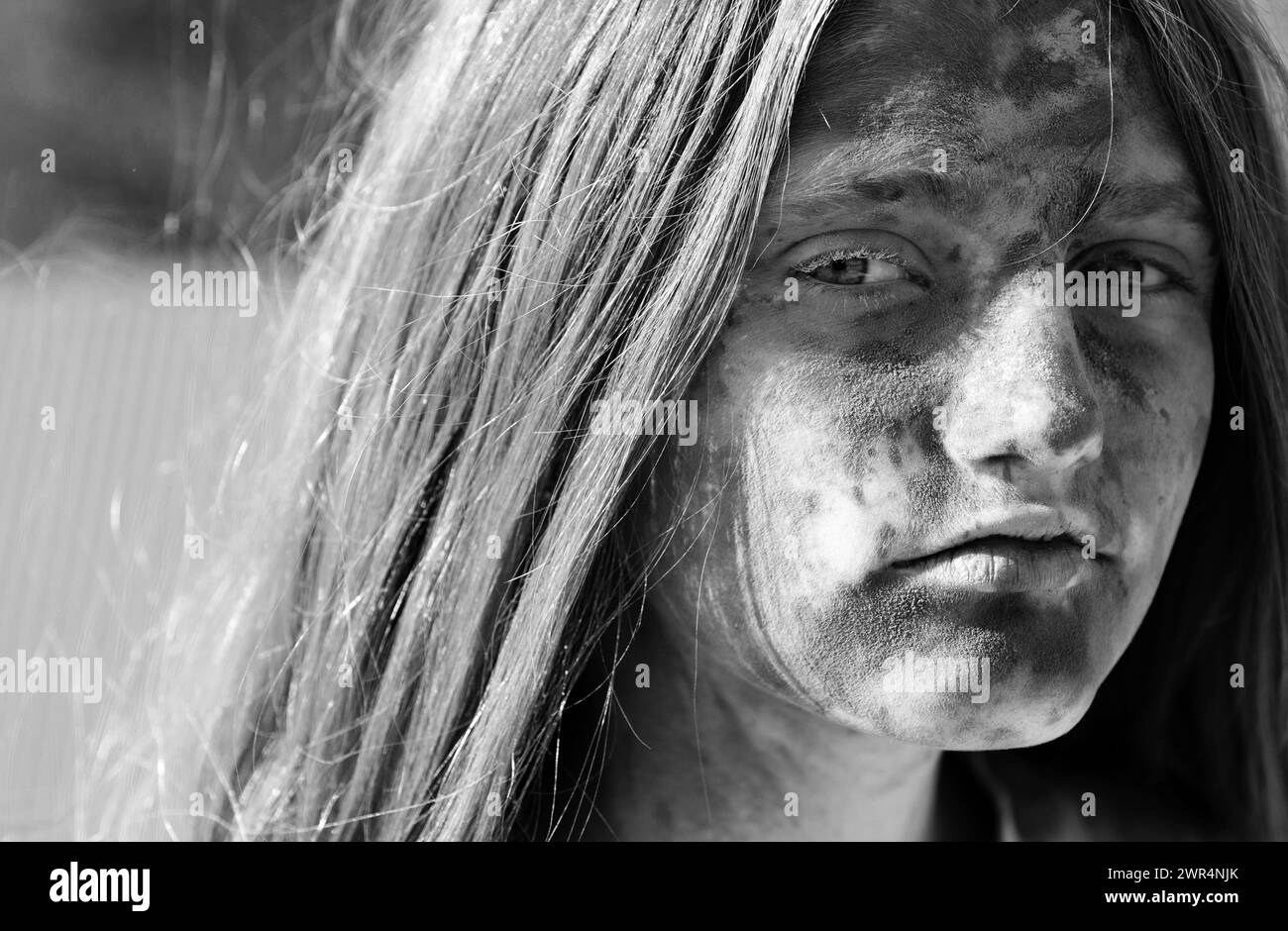 Dry color on face. Colorful holi on painted hair and face. Girls with ...