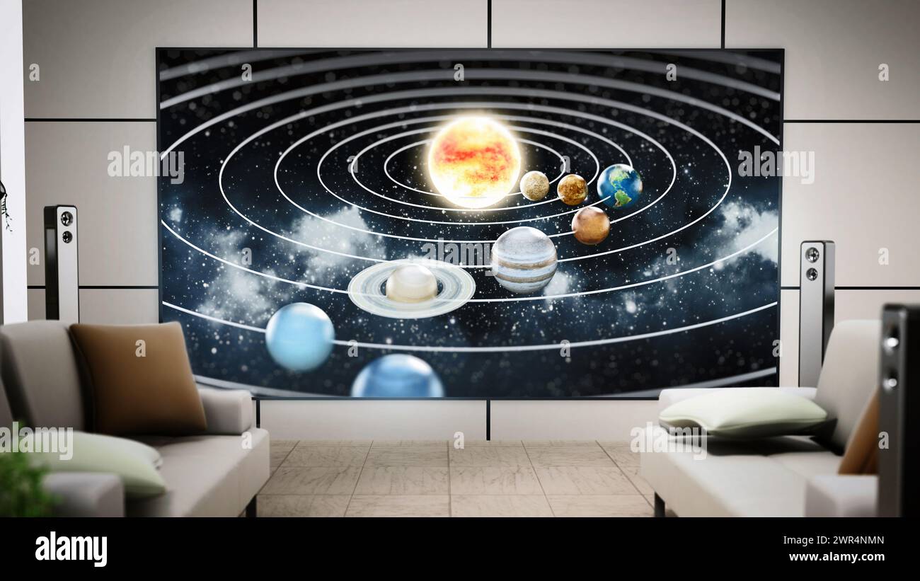 Big screen 8K tv hanging on the wall of a modern room. 3D illustration ...