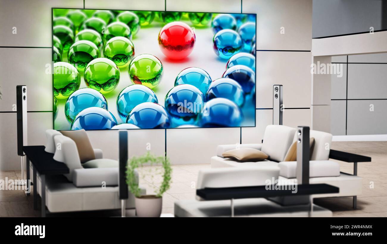 Big screen 8K tv hanging on the wall of a modern room. 3D illustration ...