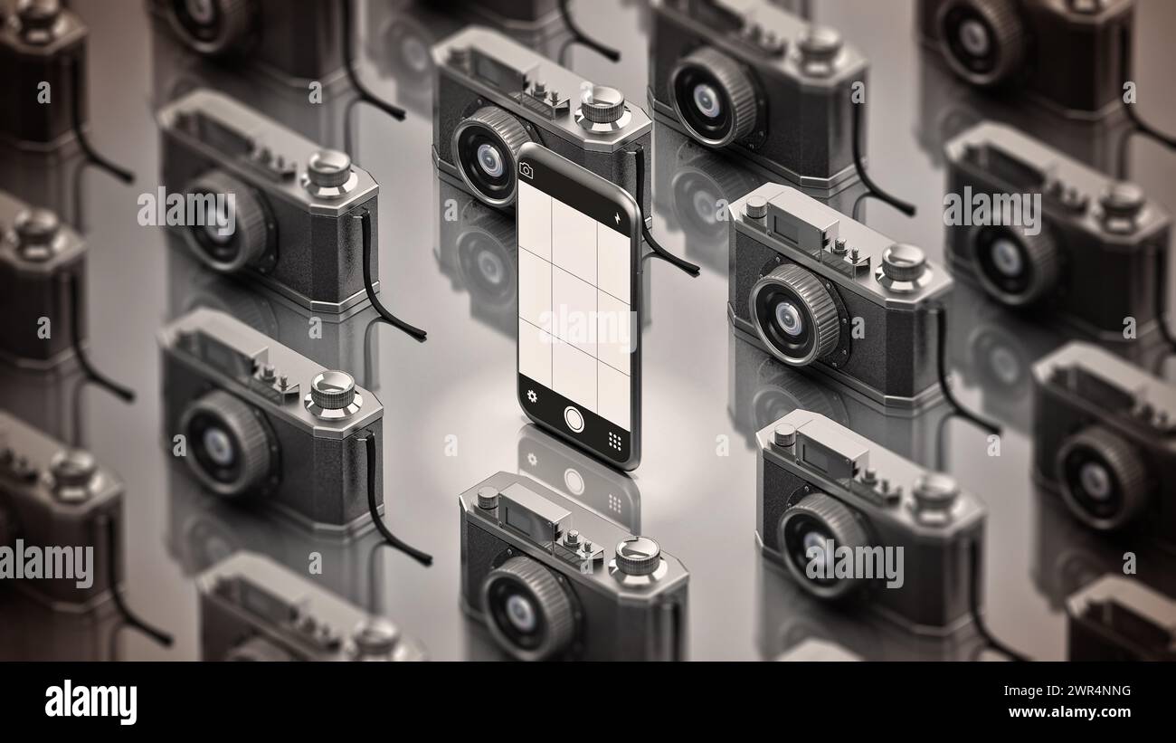 Smartphone stands out among vintage analogue SLR cameras. 3D ...
