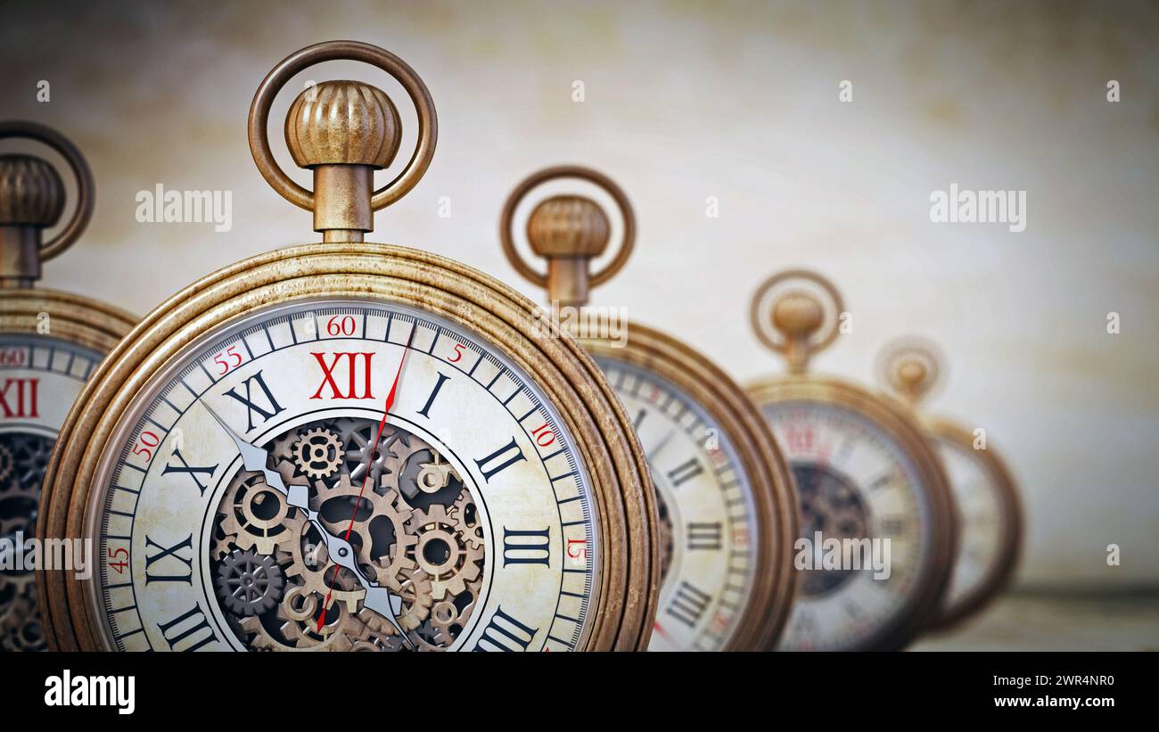 Antique pocket watches on vintage background. 3D illustration Stock ...