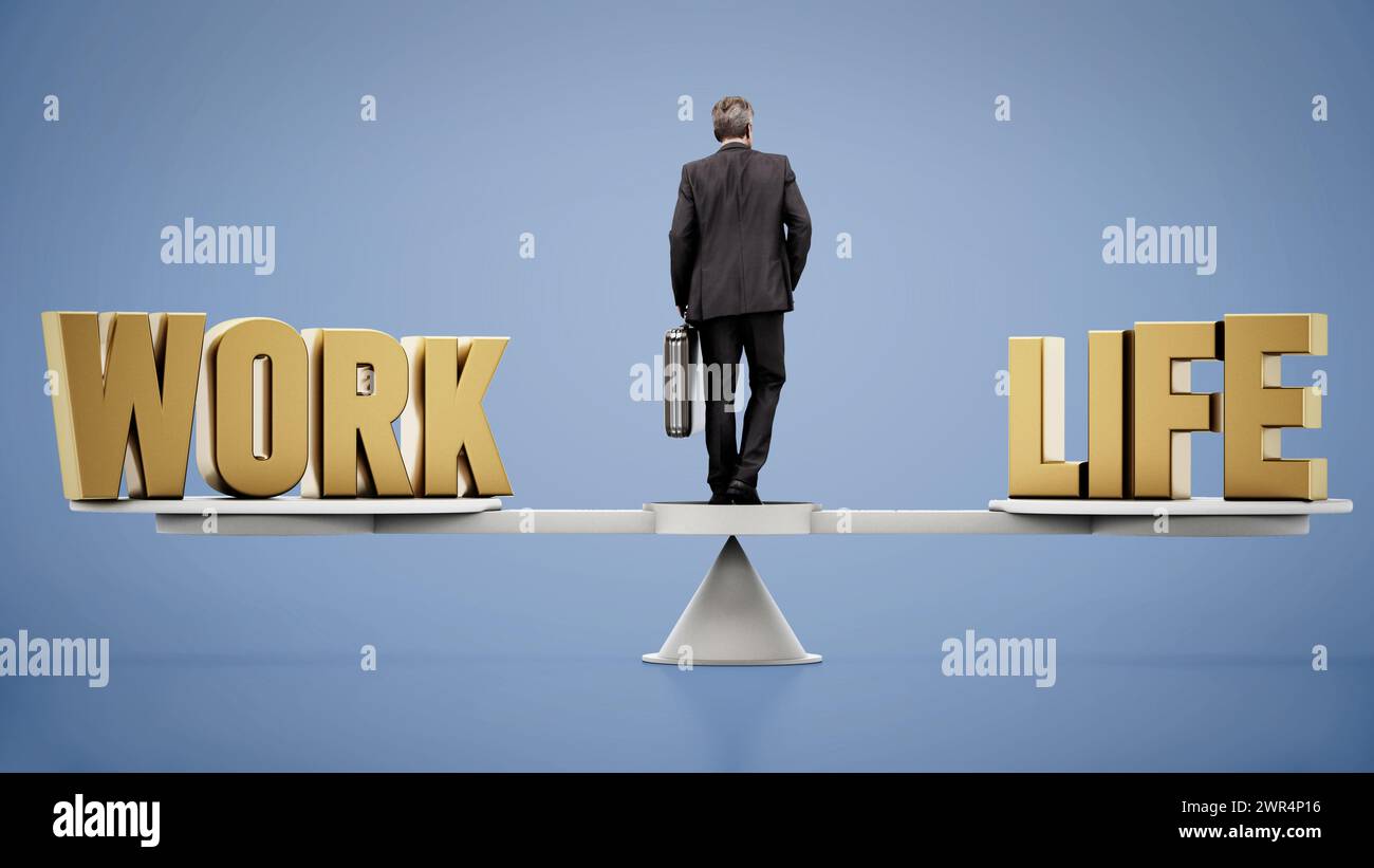 Work and life balance scale with businessman at the center. 3D ...