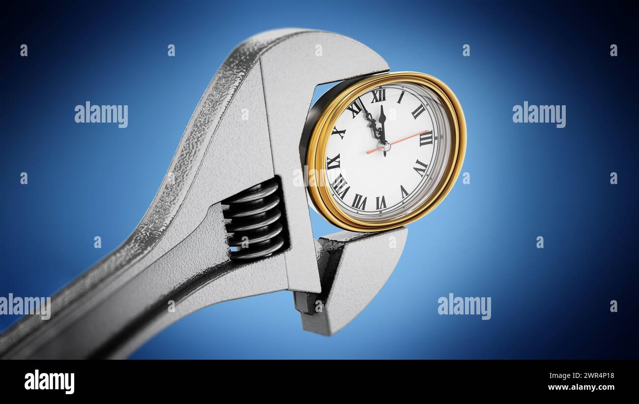 Wrench and clock isolated on white background. 3D illustration Stock ...