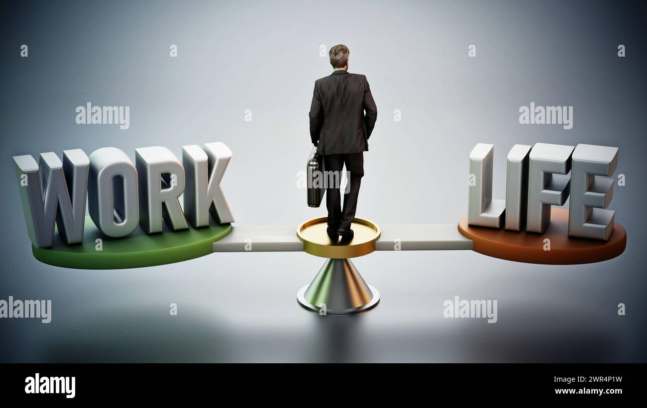 Work and life balance scale with businessman at the center. 3D ...