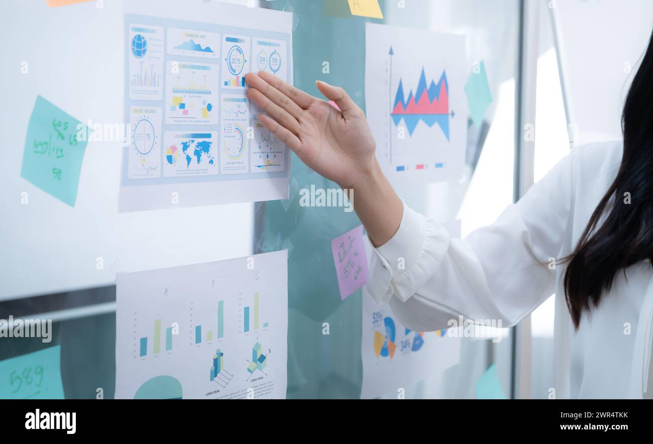 A woman pointing at a graph on a wall Stock Photo - Alamy