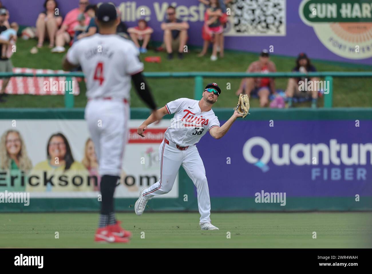 Fort Myers, FL: Minnesota Twins left fielder Matt Wallner (38) catches ...