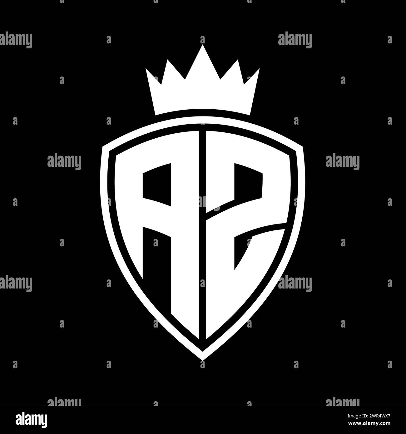 AZ Letter bold monogram with shield and crown outline shape with black and white color design ...