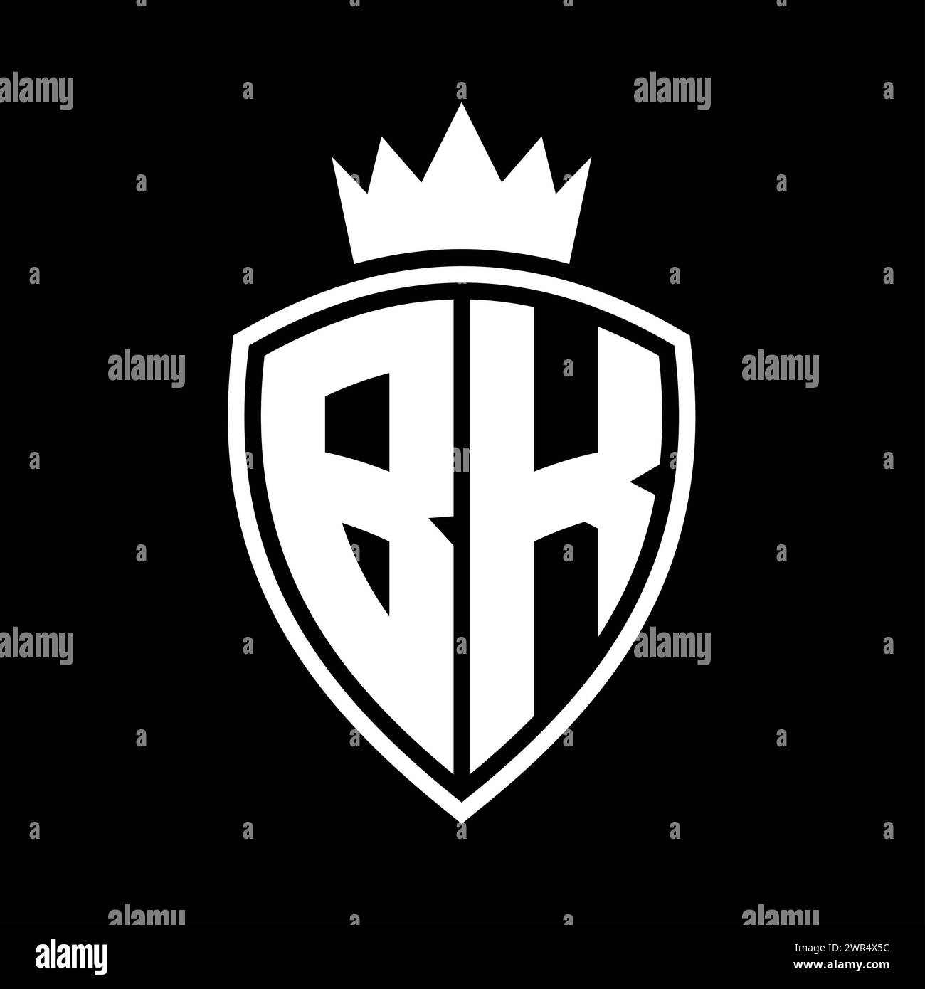 BK Letter bold monogram with shield and crown outline shape with black and white color design ...