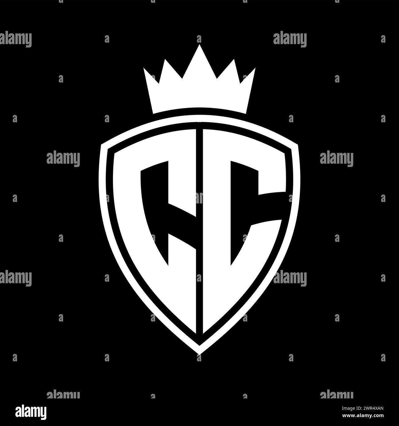 CC Letter bold monogram with shield and crown outline shape with black and white color design ...