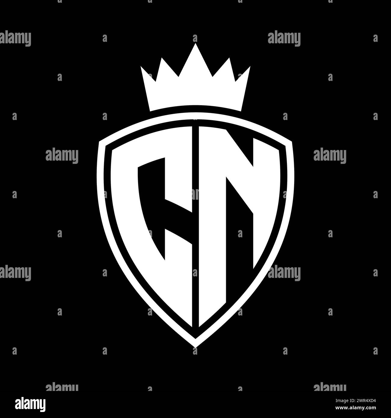CN Letter bold monogram with shield and crown outline shape with black ...
