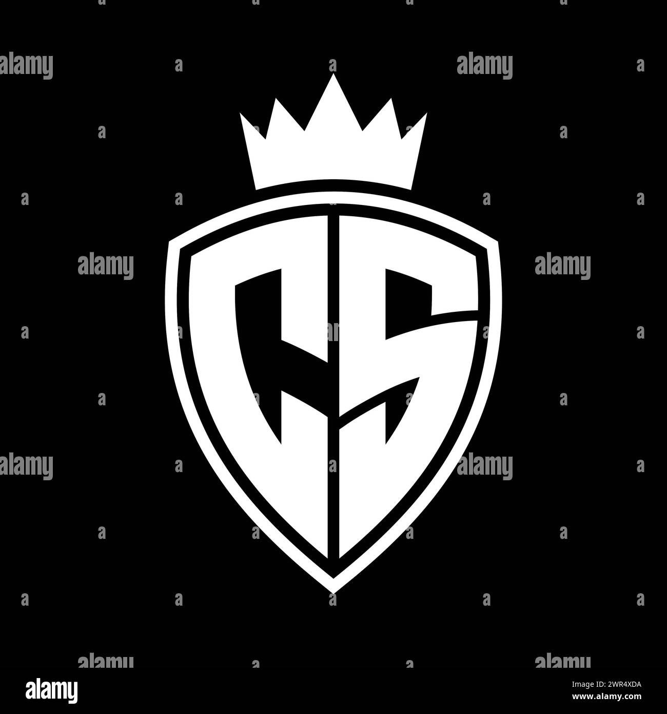 CS Letter bold monogram with shield and crown outline shape with black ...