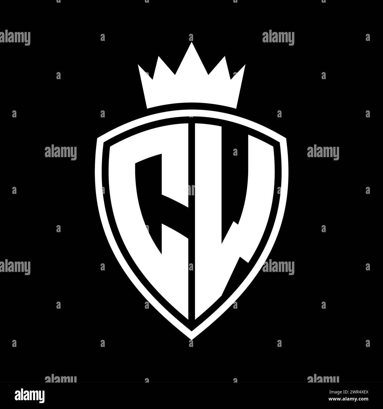 CW Letter bold monogram with shield and crown outline shape with black ...