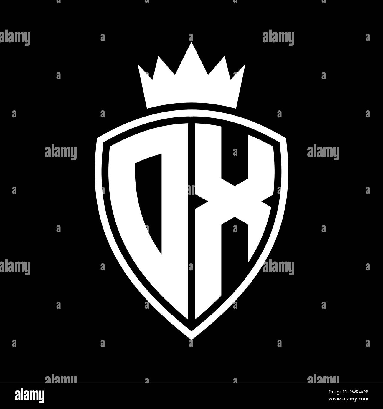 DX Letter bold monogram with shield and crown outline shape with black ...