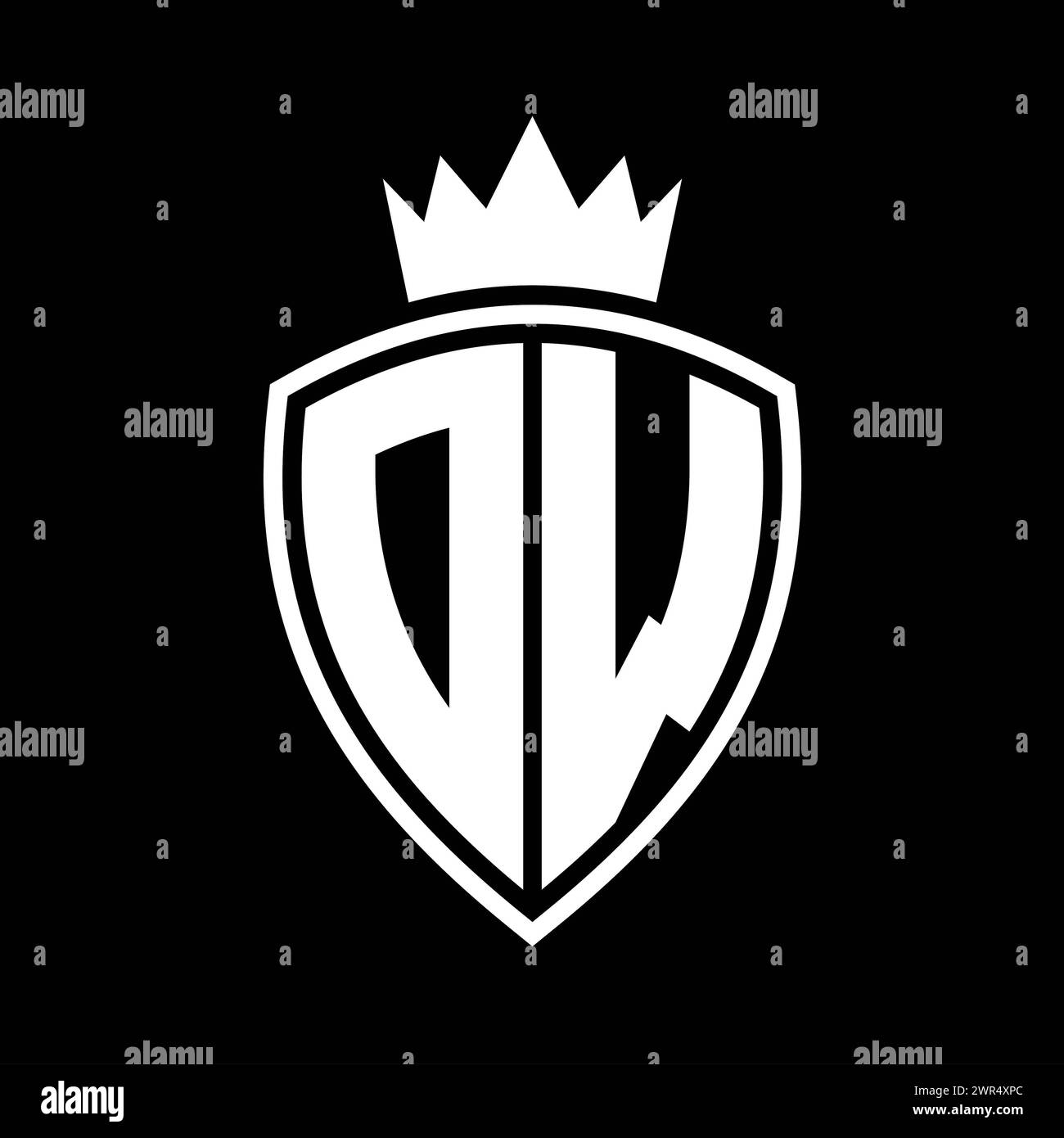 DW Letter bold monogram with shield and crown outline shape with black ...