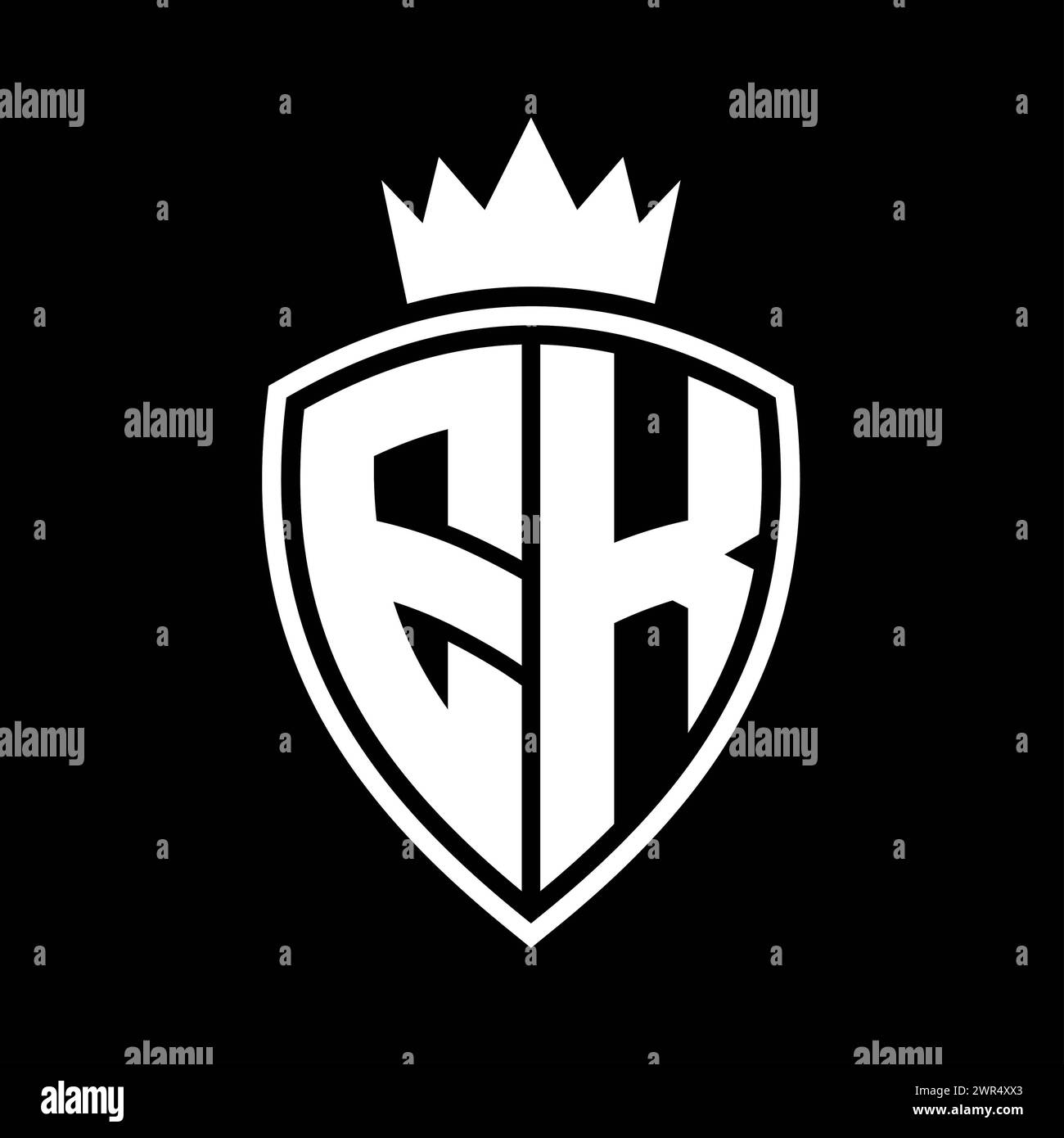 EK Letter bold monogram with shield and crown outline shape with black and white color design ...