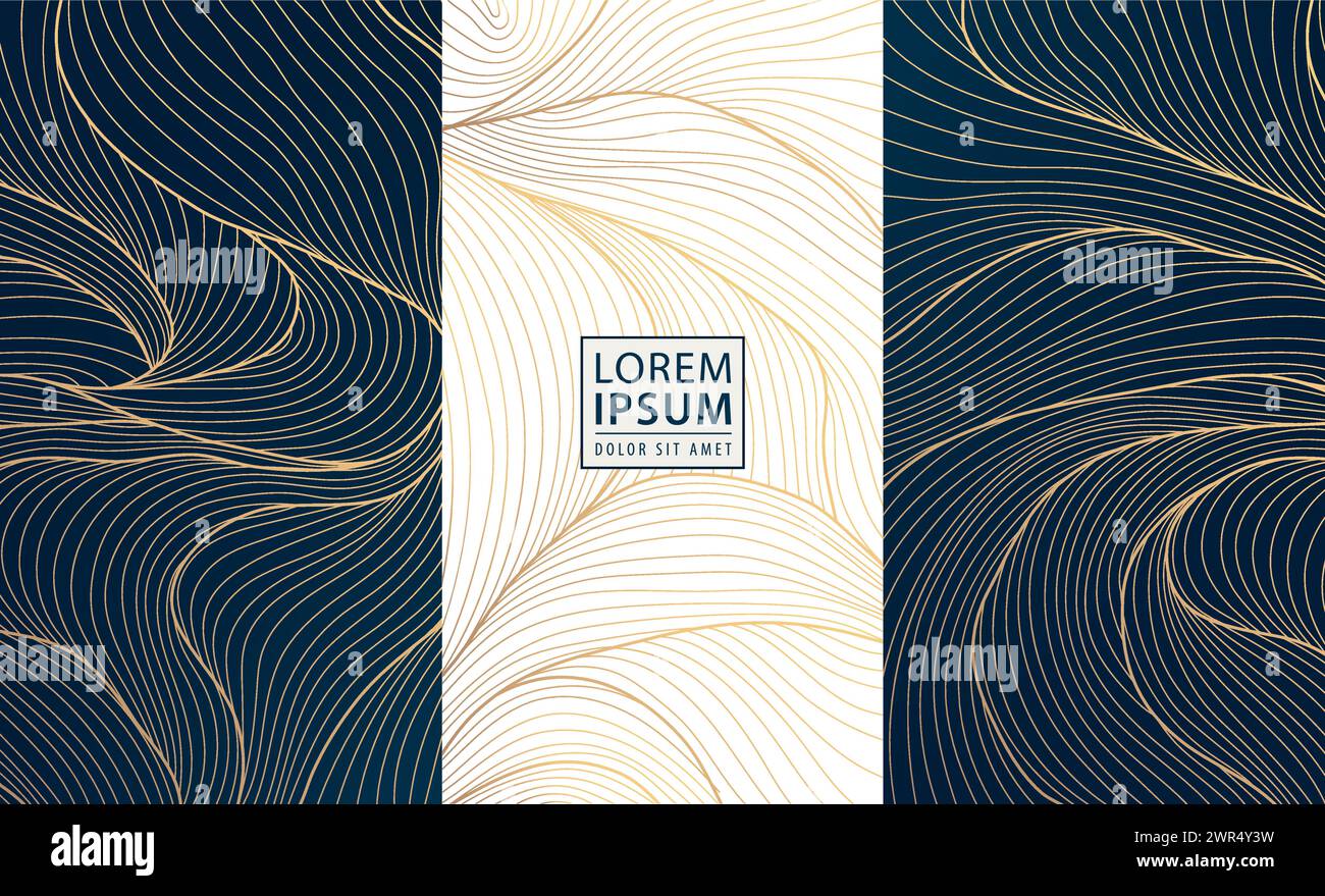 Vector set of wave line gold backgrounds, sea fancy patterns. Art flow ...