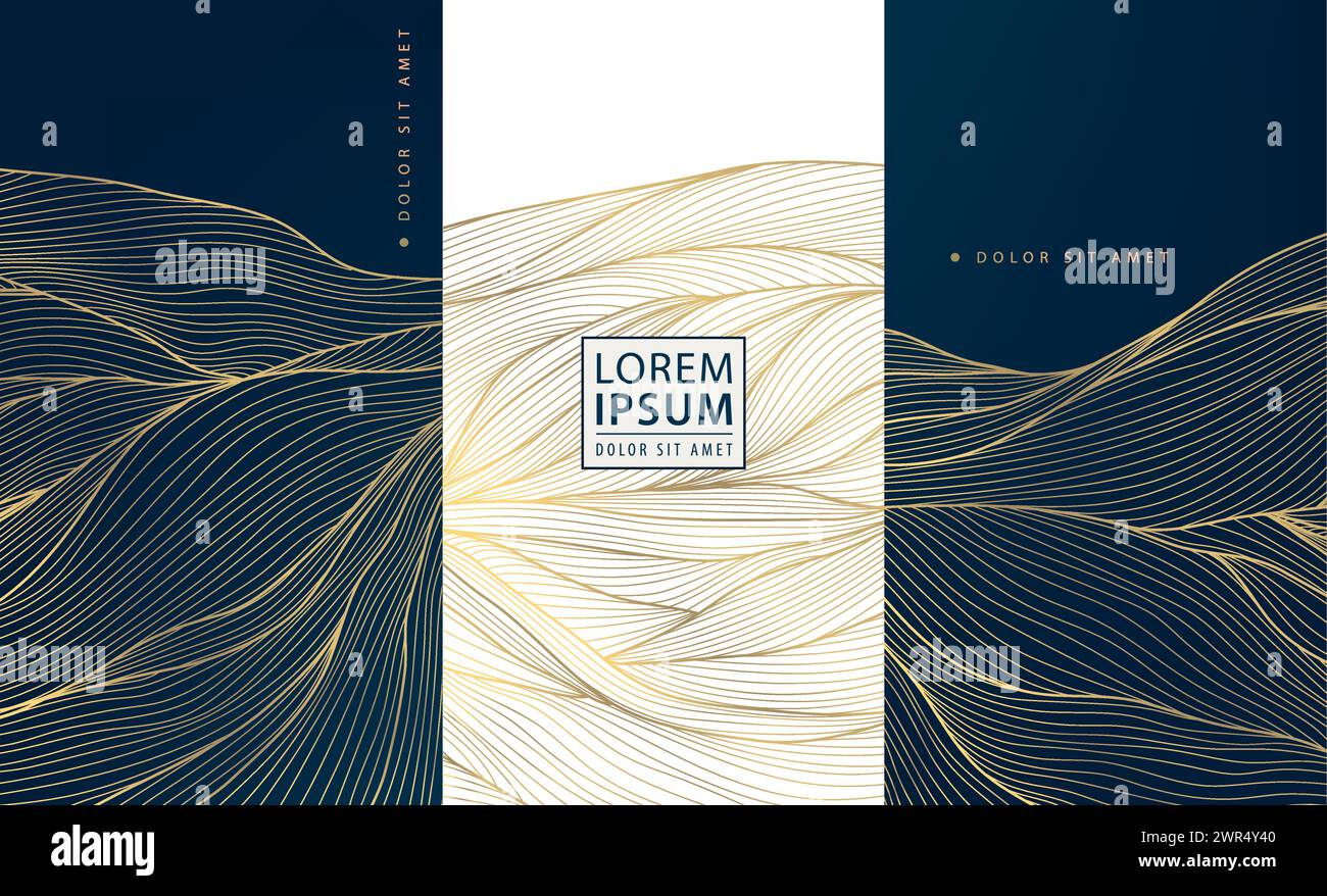 Vector set of wave line gold backgrounds, sea fancy patterns. Art flow ...