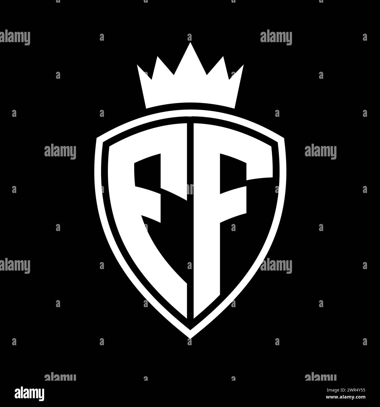 FF Letter bold monogram with shield and crown outline shape with black ...