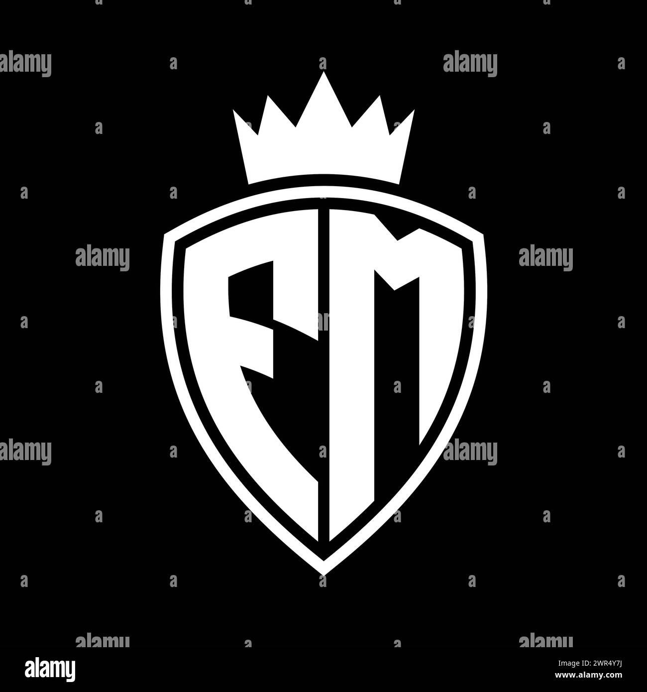 FM Letter bold monogram with shield and crown outline shape with black ...
