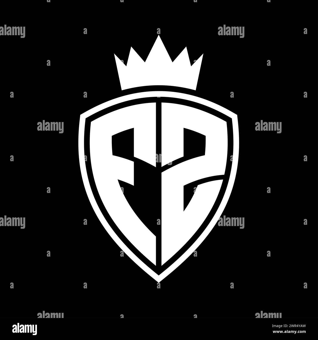 FZ Letter bold monogram with shield and crown outline shape with black and white color design ...