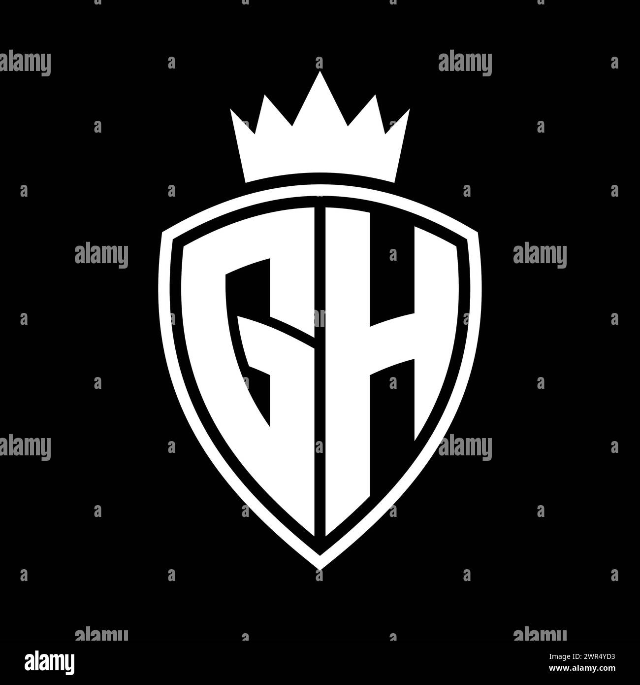 GH Letter bold monogram with shield and crown outline shape with black ...
