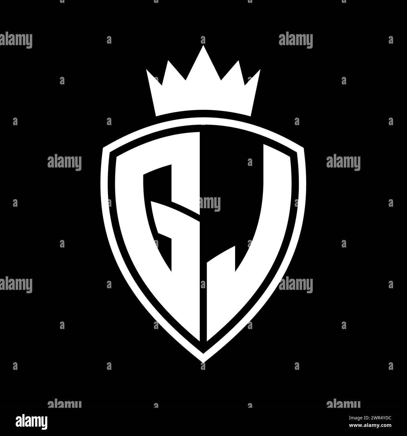 GJ Letter bold monogram with shield and crown outline shape with black and white color design ...
